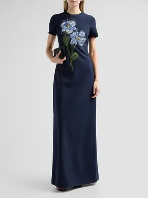Oscar De La Renta Floral-beaded Wool-blend Gown