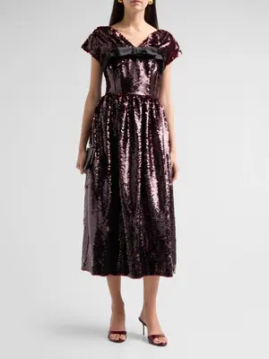 Simone Rocha Sequined Bow Cap-sleeve Midi Dress