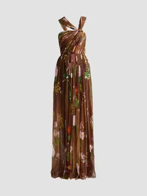 Oscar De La Renta Mixed Botanical Silk Chiffon Gown - Brown Multi