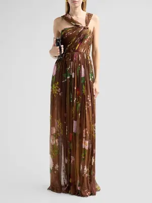 Oscar De La Renta Mixed Botanical Silk Chiffon Gown