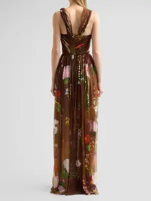 Oscar De La Renta Mixed Botanical Silk Chiffon Gown