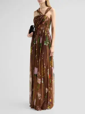 Oscar De La Renta Mixed Botanical Silk Chiffon Gown