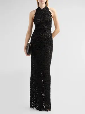 Oscar De La Renta Chrysanthemum Velvet Halter Gown