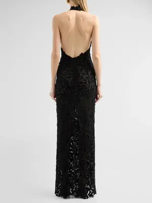 Oscar De La Renta Chrysanthemum Velvet Halter Gown
