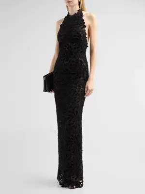 Oscar De La Renta Chrysanthemum Velvet Halter Gown