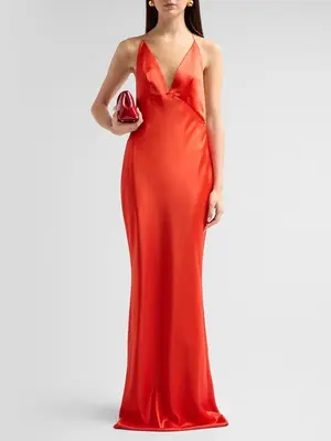 Retrofete Arianell Plunging Satin Maxi Dress