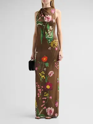 Oscar De La Renta Mixed Botanical Jersey Day Dress