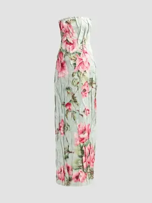 Oscar De La Renta Floral Chine Fil Coupe Jacquard Strapless Gown - Sage
