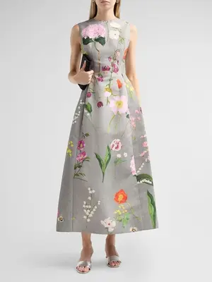 Oscar De La Renta Mixed Botanical Faille Cocktail Dress