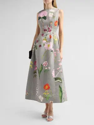 Oscar De La Renta Mixed Botanical Faille Cocktail Dress