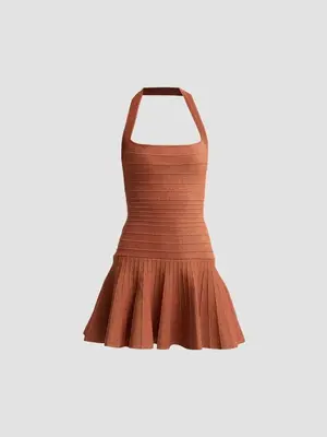 Retrofete Serenna Metallic Knit Halterneck Mini Dress - Metallic Rust