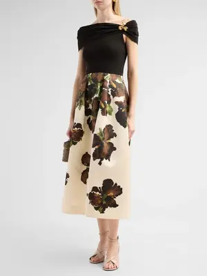 Oscar De La Renta Iris Mix Media Off-the-shoulder Day Dress