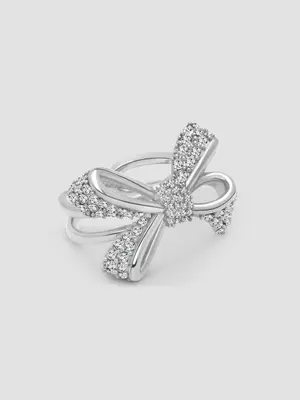Oscar De La Renta Silvertone & Glass Crystal Bow Ring