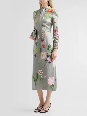 Oscar De La Renta Mixed Botanical Silk Long-sleeve Midi Dress