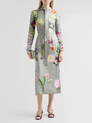 Oscar De La Renta Mixed Botanical Silk Long-sleeve Midi Dress