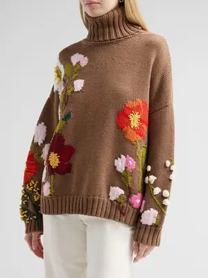 Oscar De La Renta Floral-embroidered Intarsia-knit Wool Sweater