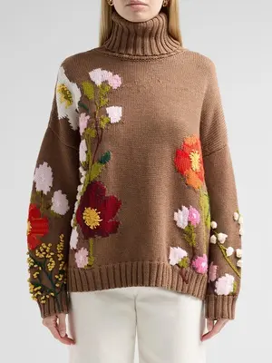 Oscar De La Renta Floral-embroidered Intarsia-knit Wool Sweater