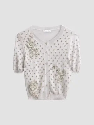 Oscar De La Renta Crystal Floral-embroidered Wool Cardigan - Grey