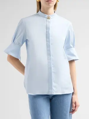 Oscar De La Renta Poplin Sateen Brooch Blouse
