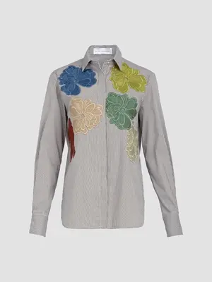 Silvia Tcherassi Warda Floral Embroidered Striped Cotton Shirt - Multicolor