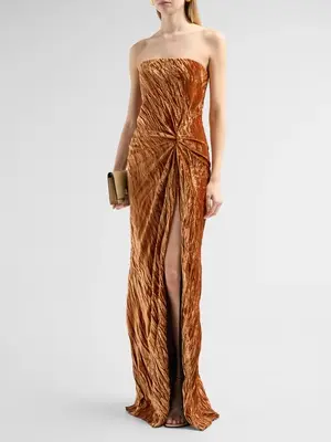Oscar De La Renta Pleated Velvet Draped Strapless Gown