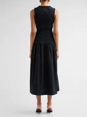 DÔEN Mallory Smocked Cotton Midi Dress - Black
