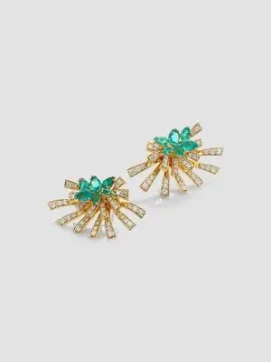 Hueb Mirage Diamond & Green Stud & Ear Jacket Set - Emerald