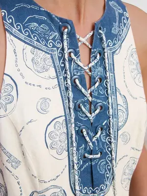 ALEMAIS Lucky Mixed-print Linen Lace-up Midi-dress