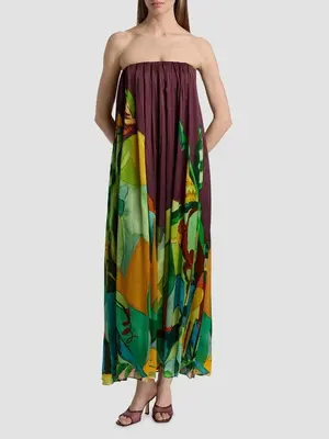 ALEMAIS Mokshini Tropical Print Silk Strapless Midi-dress