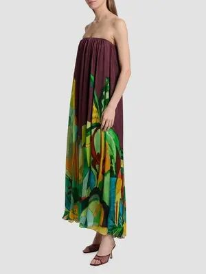 ALEMAIS Mokshini Tropical Print Silk Strapless Midi-dress
