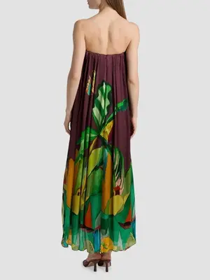 ALEMAIS Mokshini Tropical Print Silk Strapless Midi-dress