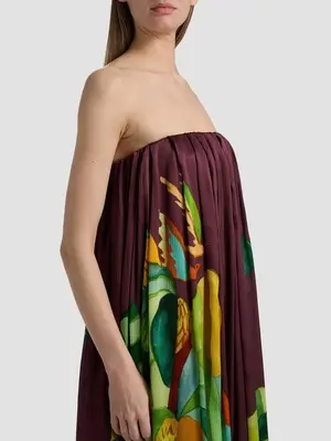 ALEMAIS Mokshini Tropical Print Silk Strapless Midi-dress