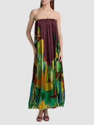 ALEMAIS Mokshini Tropical Print Silk Strapless Midi-dress