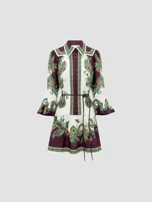 ALEMAIS Ruthie Printed Linen Drop-waist Mini Shirtdress