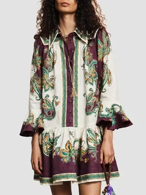 ALEMAIS Ruthie Printed Linen Drop-waist Mini Shirtdress