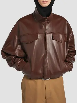 Balenciaga High Collar Leather Bomber Jacket