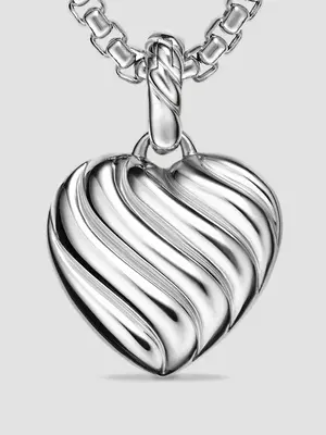 David Yurman Puffy Heart Amulet In Sterling Silver With Diamonds, 17mm