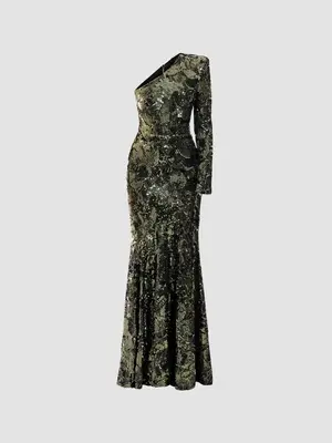 ZHIVAGO This Is Not Her Sequined One-shoulder Mermaid Gown - Olive