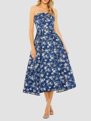 Mac Duggal Floral Brocade Midi-dress - Blue Multi