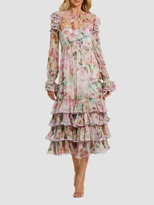 Mac Duggal Floral Chiffon Tieneck Tiered Midi-dress