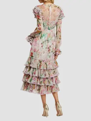 Mac Duggal Floral Chiffon Tieneck Tiered Midi-dress