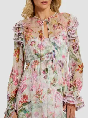 Mac Duggal Floral Chiffon Tieneck Tiered Midi-dress