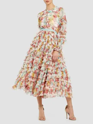 Mac Duggal Cocktail Floral Mesh Ruffled Cut-out Midi-dress