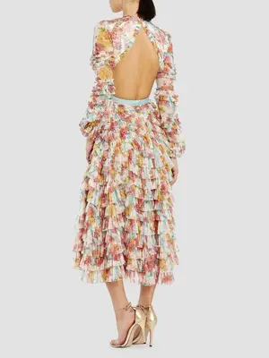Mac Duggal Cocktail Floral Mesh Ruffled Cut-out Midi-dress