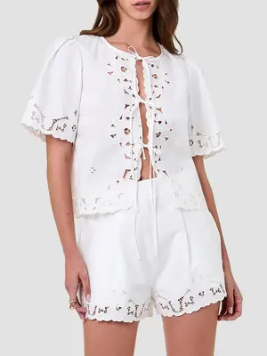 NICHOLAS THE LABEL Isabel Embroidered Tie-front Cotton Top