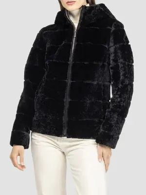 Gorski Horizontal Curly Shearling Lamb Zip Jacket With Hood