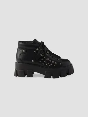 Prada Monolith Studded Leather Booties - Black