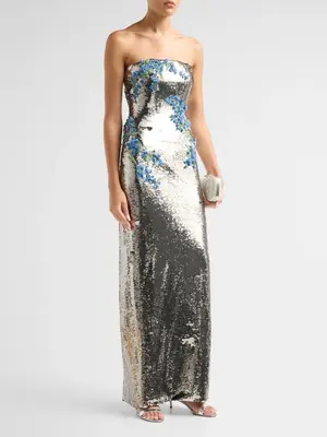 Monique Lhuillier Floral-sequined Strapless Column Gown