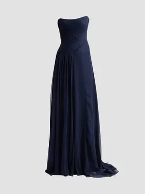 Monique Lhuillier Strapless Silk Draped Gown - Navy