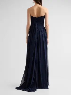 Monique Lhuillier Strapless Silk Draped Gown
